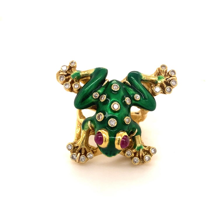 Vintage Ruby Eye Diamond Green Enamel Frog Ring 18K Yellow Gold at 1stDibs