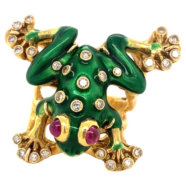 Vintage Ruby Eye Diamond Green Enamel Frog Ring 18K Yellow Gold at 1stDibs