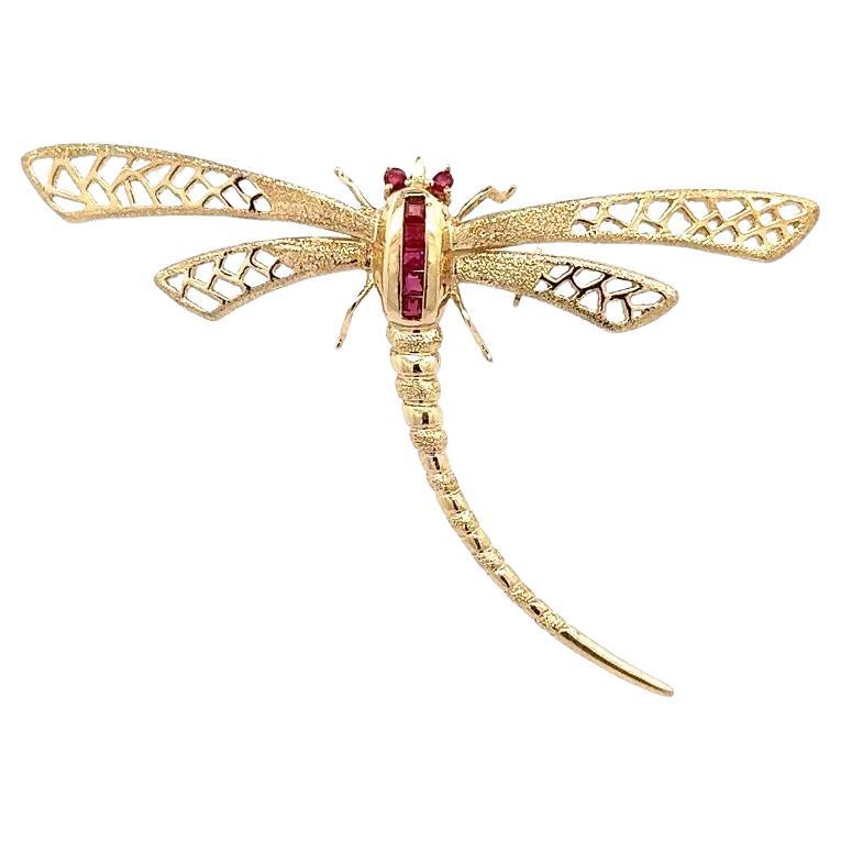 Vintage Ruby Gold Dragonfly Brooch Pin Pendant For Sale at 1stDibs