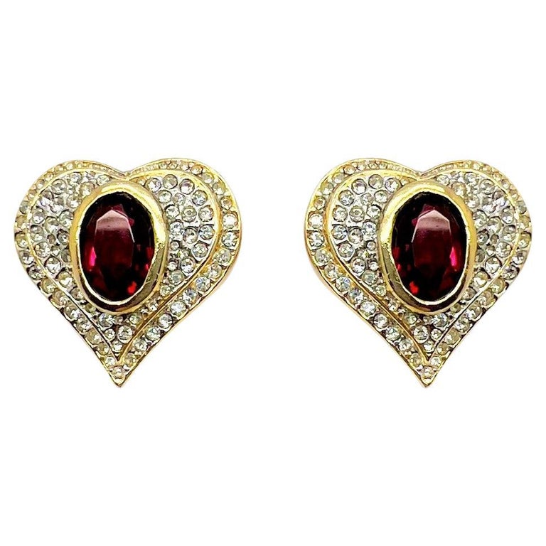 Vintage Ruby Crystal Heart Earrings 1980s For Sale at 1stDibs