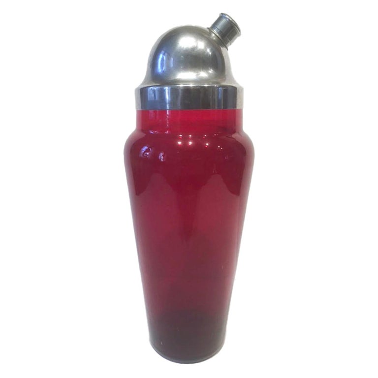 Vintage Ruby Red Glass Cocktail Shaker with Domed Chrome Lid For Sale ...