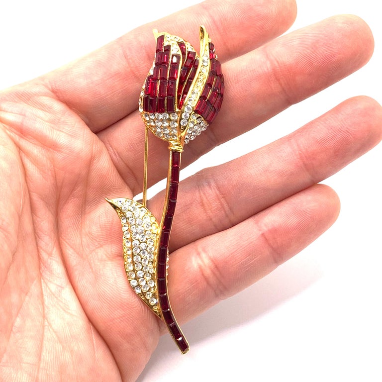 Vintage Ruby Red Swarovski Crystal Tulip Brooch at 1stDibs