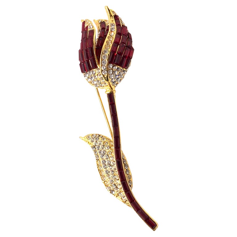 Vintage Ruby Red Swarovski Crystal Tulip Brooch at 1stDibs