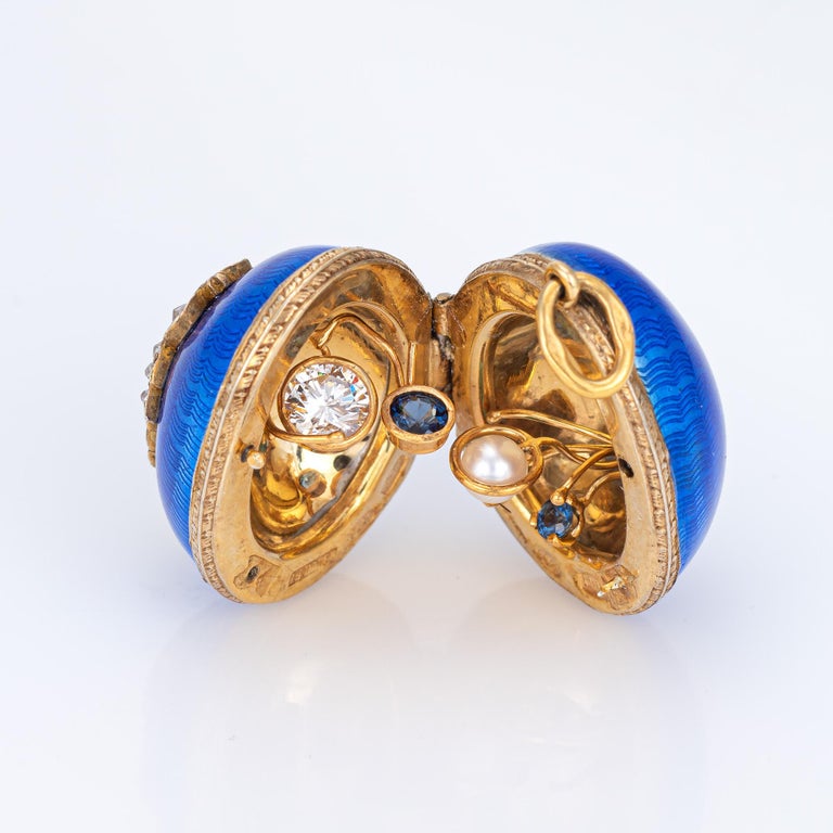 Vintage Russian Egg Charm Guilloche Enamel Diamond Opens Silver Gilt ...