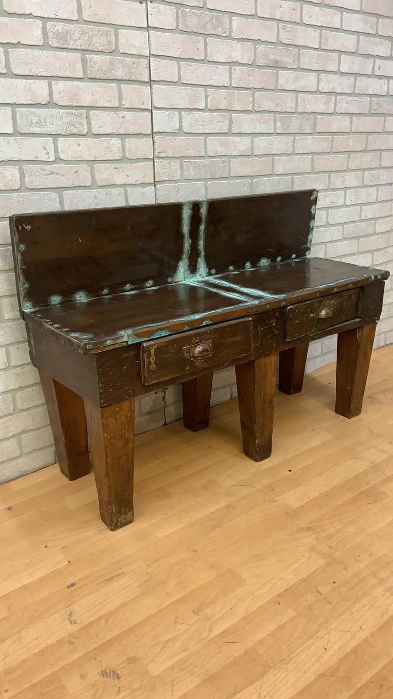Vintage Rustic 2 Drawer Copper Covered Wood Hall Storage Bench For Sale ...