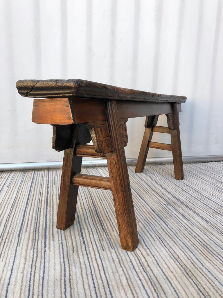 Vintage Rustic Chinese Carved Provincial Bench For Sale at 1stDibs