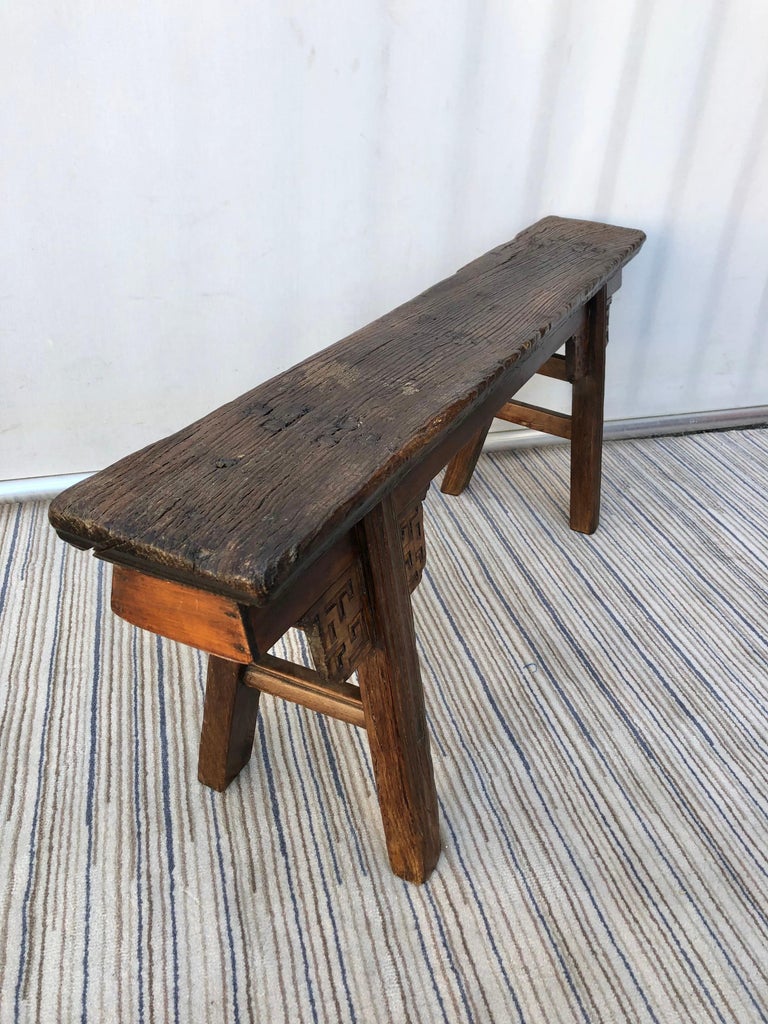 Vintage Rustic Chinese Carved Provincial Bench For Sale at 1stDibs
