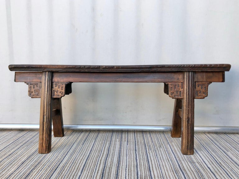 Vintage Rustic Chinese Carved Provincial Bench For Sale at 1stDibs