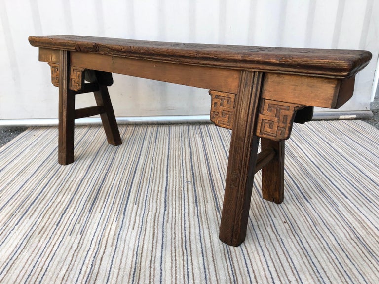 Vintage Rustic Chinese Carved Provincial Bench For Sale at 1stDibs