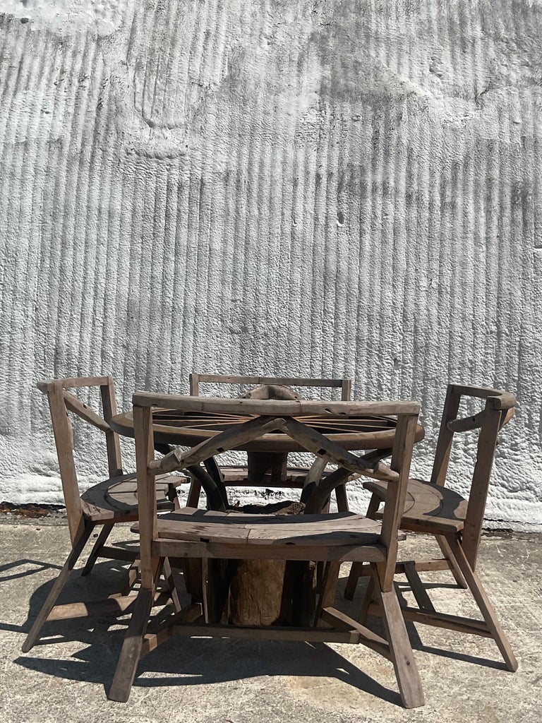 Vintage Rustic Custom Built Wagon Wheel Table and Benches Set at ...