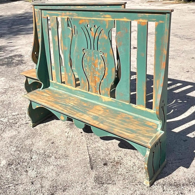 Vintage Rustic Farmhouse Cutout High Back Benches, a Pair For Sale at ...