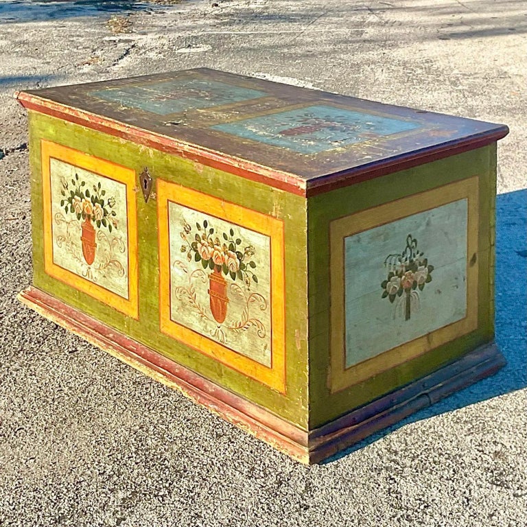 Vintage Rustic Norwegian Hand Painted Blanket Chest For Sale at 1stDibs