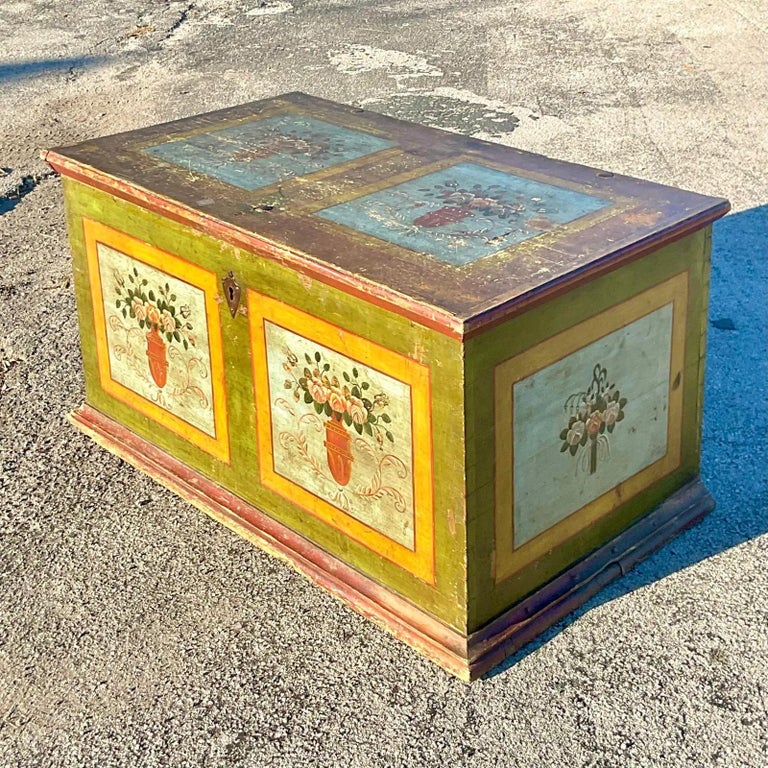 Vintage Rustic Norwegian Hand Painted Blanket Chest For Sale at 1stDibs
