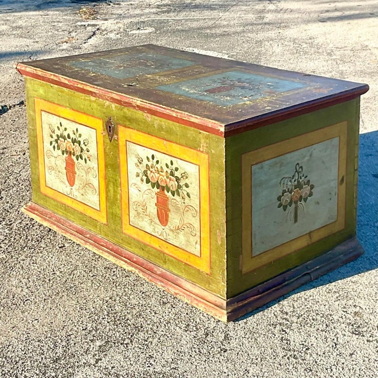 Vintage Rustic Norwegian Hand Painted Blanket Chest For Sale at 1stDibs