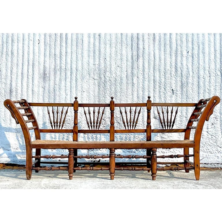 Vintage Rustic Rush Seat Bench For Sale at 1stDibs