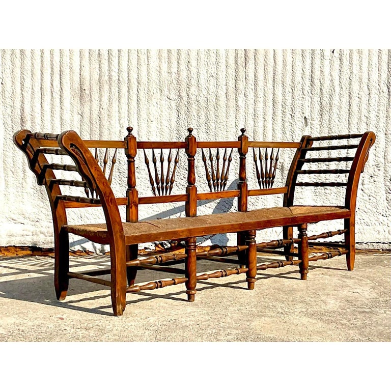Vintage Rustic Rush Seat Bench For Sale at 1stDibs