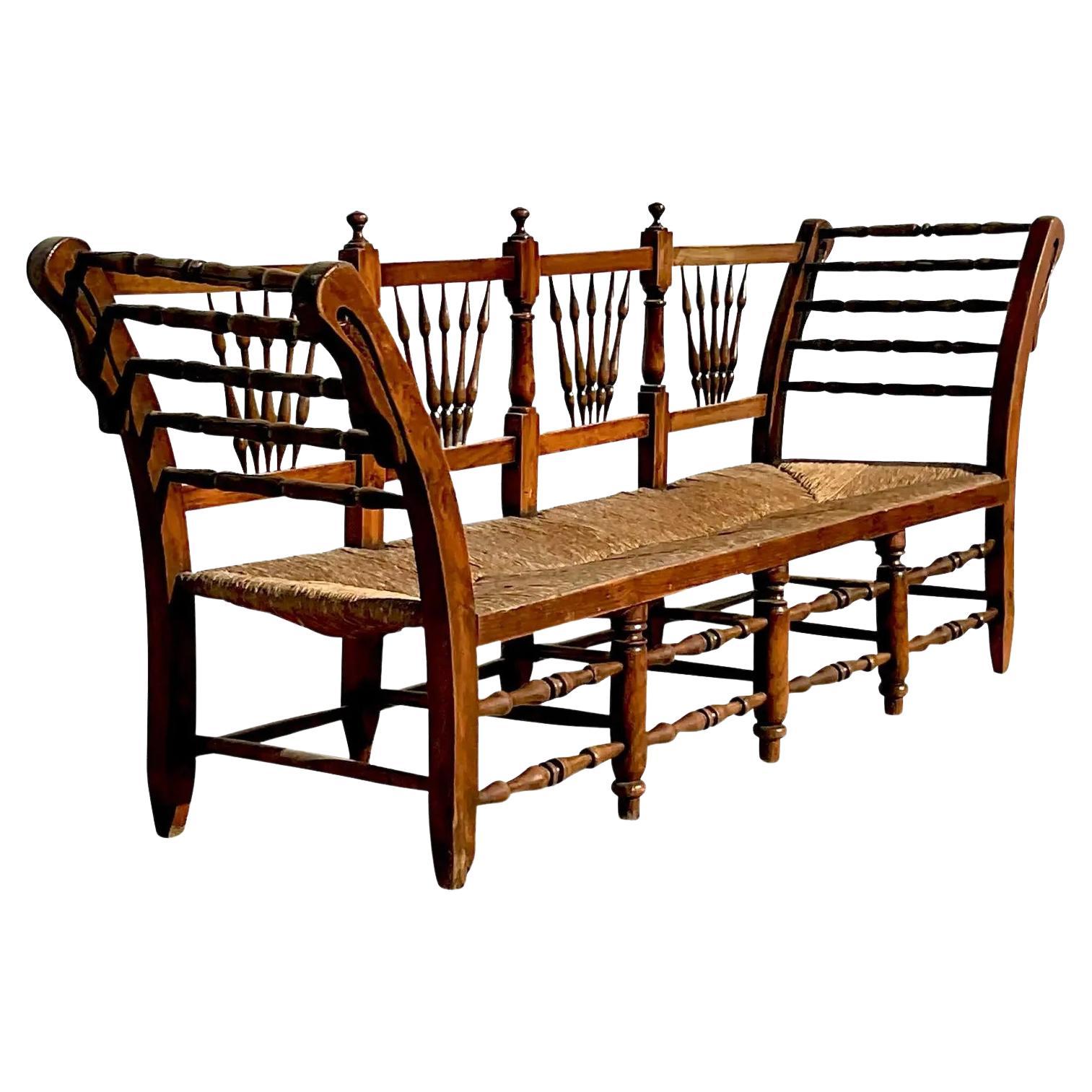 Vintage Rustic Rush Seat Bench at 1stDibs