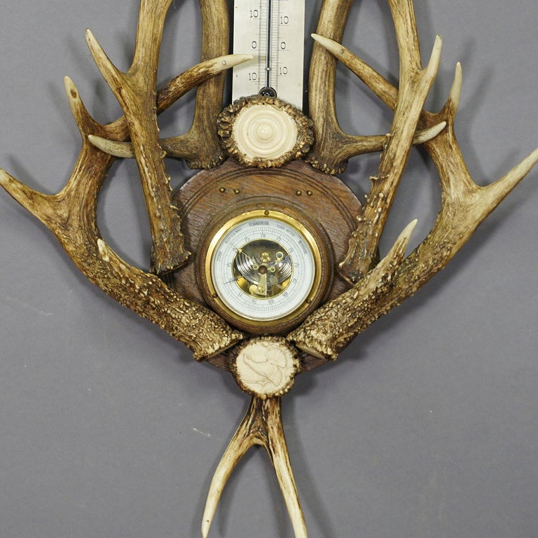 Vintage Rustic Weather Station with Antlers For Sale at 1stDibs