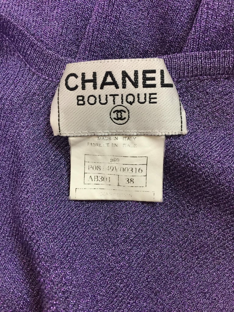 Vintage S/S 1996 Chanel Metallic Purple Knit Deep V Wiggle Dress at 1stDibs