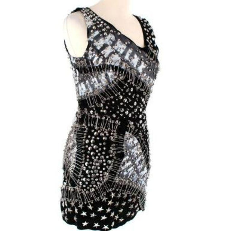 Vintage Safety Pin Embellished Black Leather Mini Dress For Sale at 1stDibs
