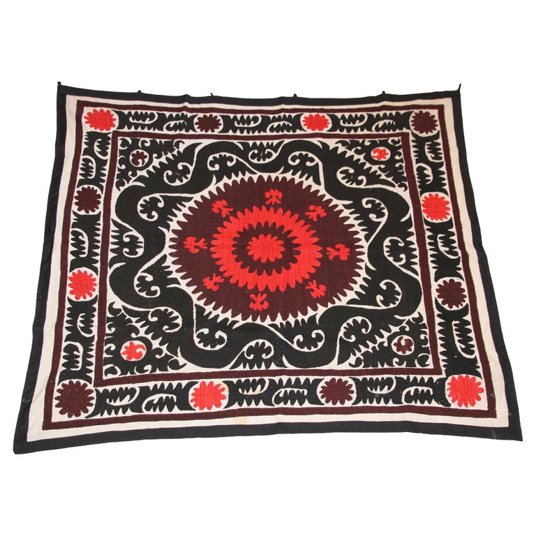 Vintage Samarkand Suzani, Uzbekistan Embroidered Textile Red and Black ...