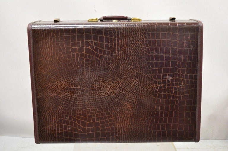 Vintage Samsonite Brown Leather Alligator Embossed Suitcase Luggage For ...