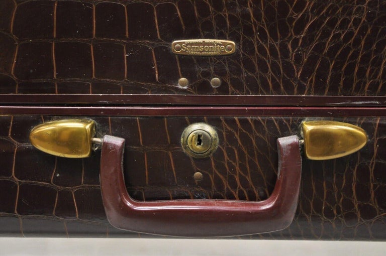 Vintage Samsonite Brown Leather Alligator Embossed Suitcase Luggage For ...