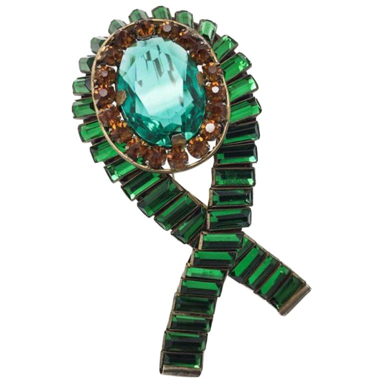 Vintage Sandor Brooch Green and Amber Crystal Solid Sterling Silver ...