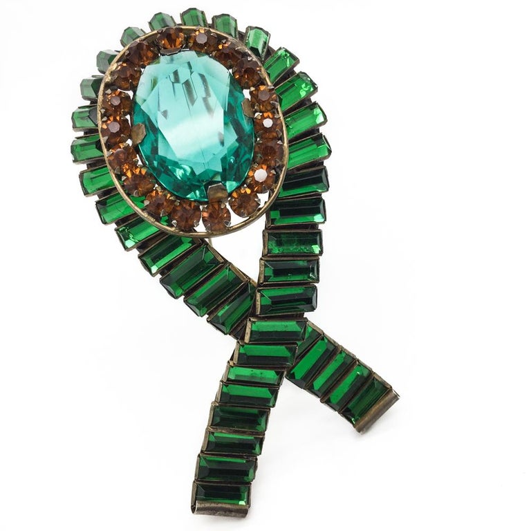 Vintage Sandor Brooch Green and Amber Crystal Solid Sterling Silver ...