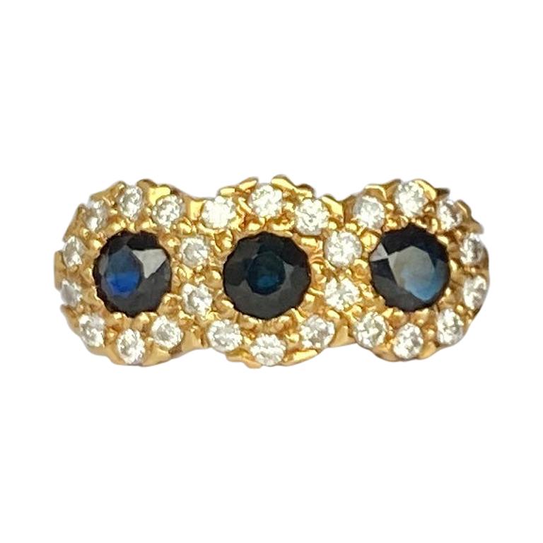 Art Deco Sapphire and Diamond 18 Carat Gold Triple Cluster Ring at 1stDibs