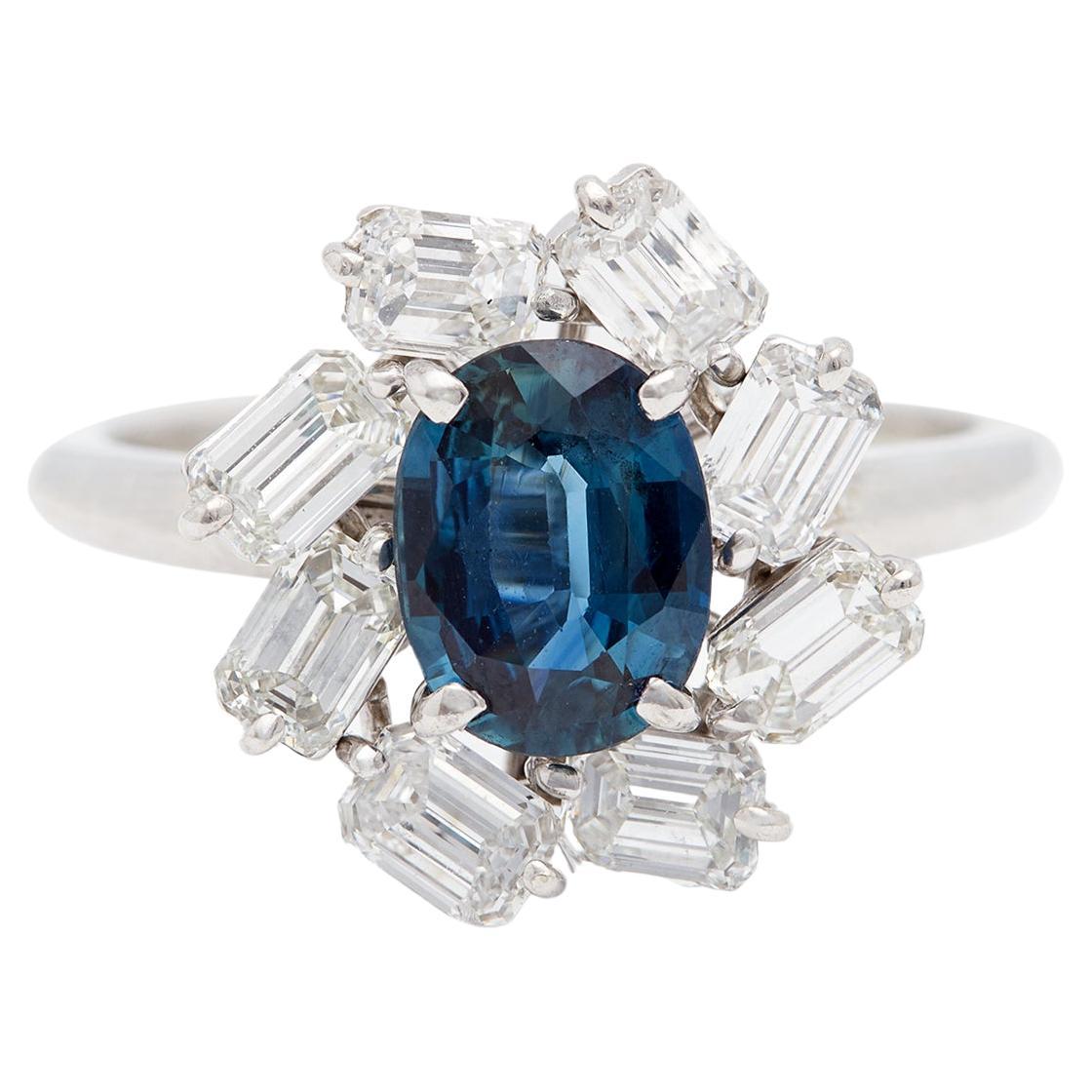 Mid Century Sapphire and Diamond 18k White Gold Cluster Ring For Sale ...