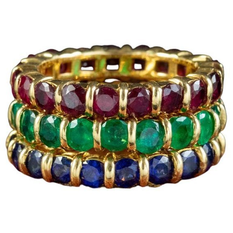 Vintage Sapphire, Emerald, Ruby Eternity Ring Set Hennell Box For Sale ...