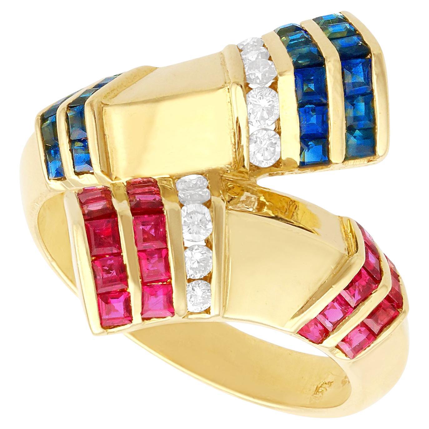 Vintage Sapphire, Ruby and Diamond Yellow Gold Twist Ring, Circa 1960 ...