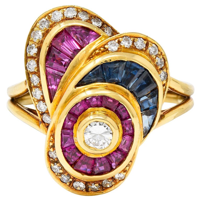 Vintage Sapphire Ruby Diamond 18 Karat Yellow Gold Gemstone Ring at 1stDibs