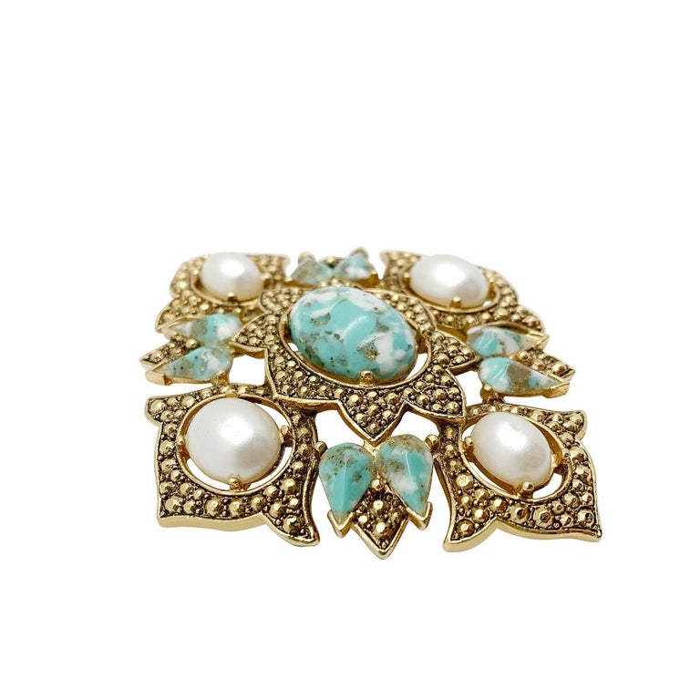 Vintage Sarah Coventry Turquoise and Pearl Quatrefoil Brooch 1960s For ...