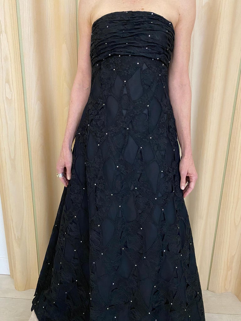 Vintage SCAASI Strapless Black Lace Gown with Rhinestones For Sale at ...