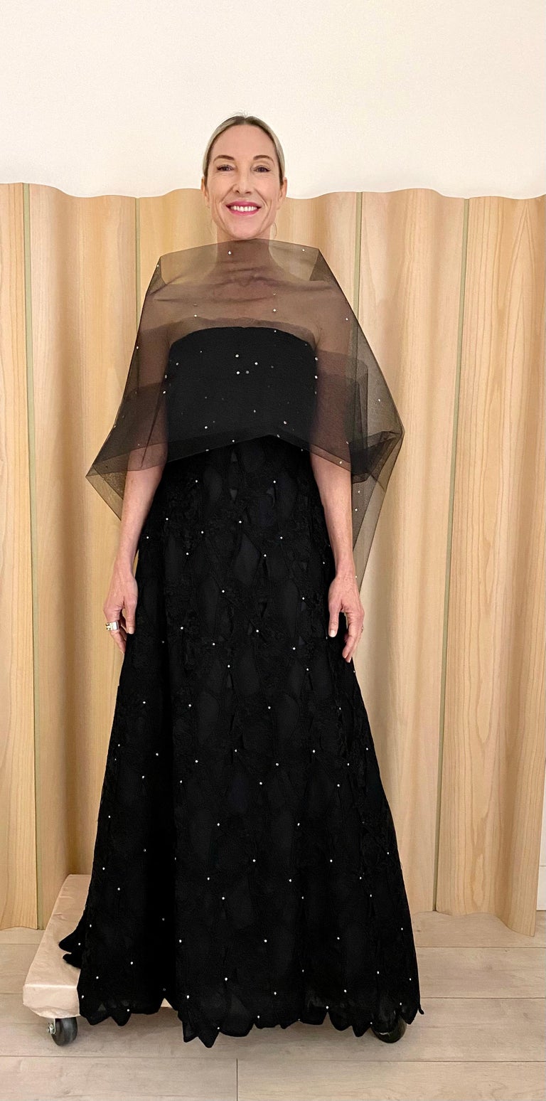 Vintage SCAASI Strapless Black Lace Gown with Rhinestones For Sale at ...