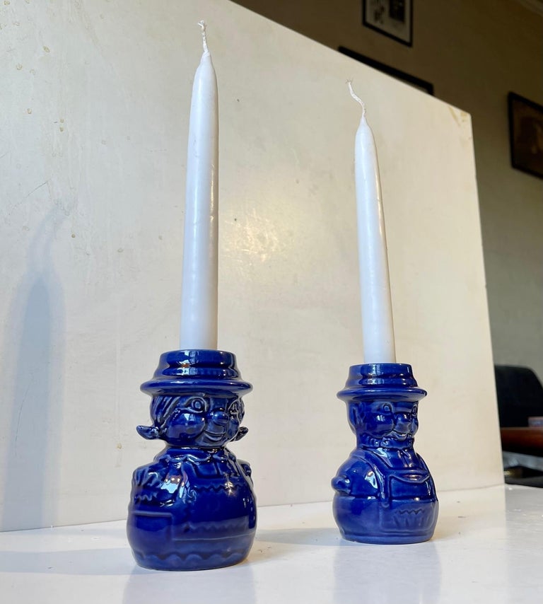 Vintage Scandinavian Figural Man and Wife Ceramic Candlesticks in Blue ...