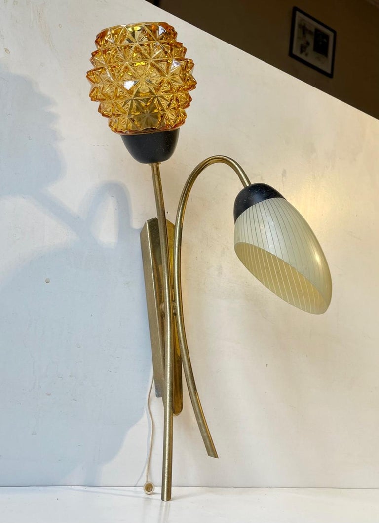 Vintage Scandinavian Flower Wall Sconce in Brass and Glass, 1960s For ...