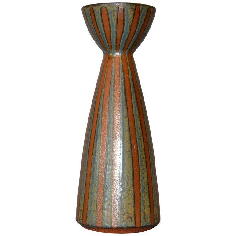 Signed Vintage Asian Modern Ceramic Sake Server Striped in Brown and ...