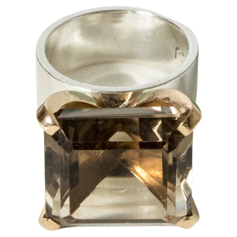 Vintage Scandinavian silver and gold cocktail ring with smoke quartz ...