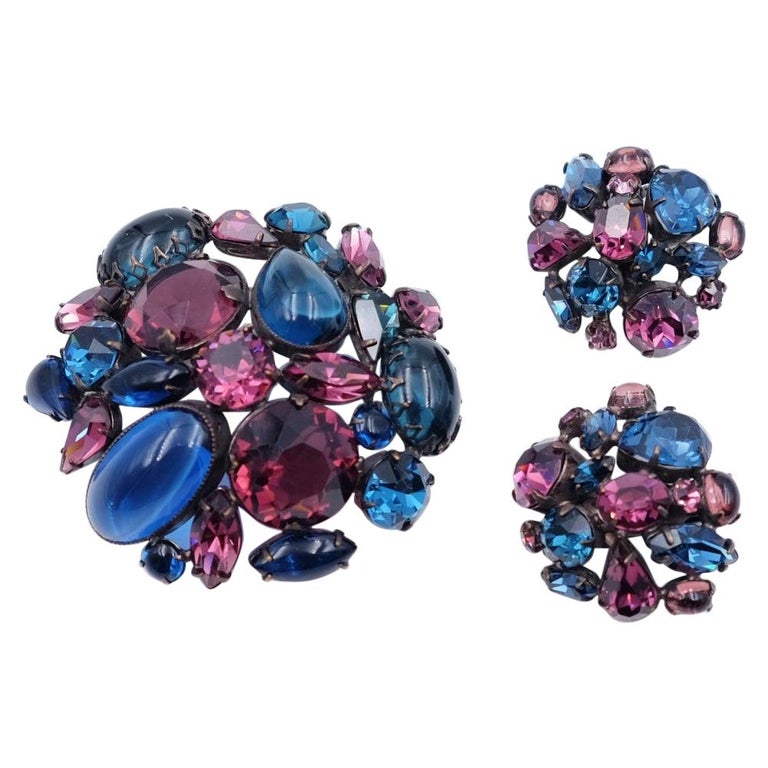 Vintage Schreiner Deep Blue Set brooch and Earrings For Sale at 1stDibs
