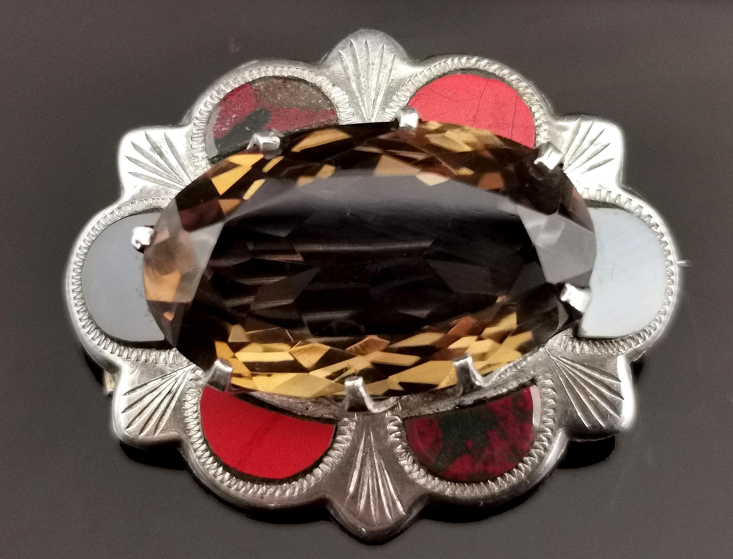 Vintage Scottish Agate, Silver and Smoky Quartz Brooch at 1stDibs