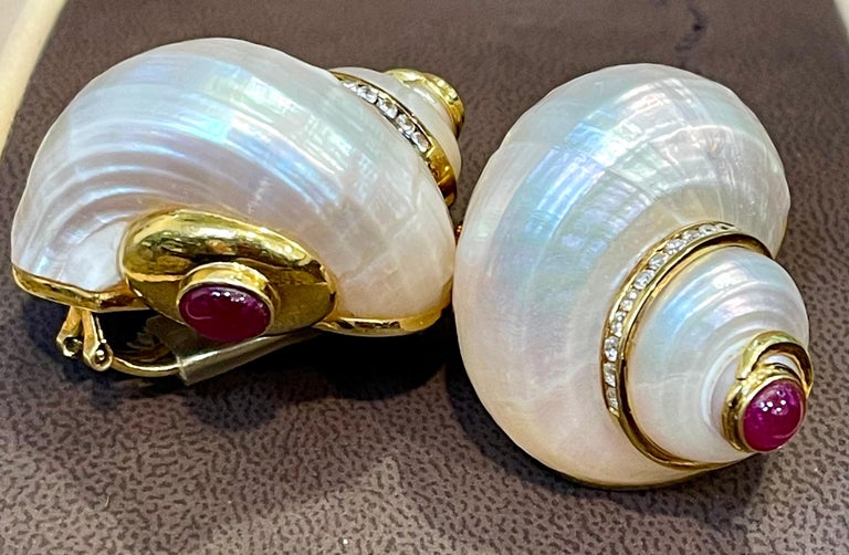 Vintage Seaman Schepps 18KT Gold Turbo Shell Diamond Ruby Earrings Extra Large For Sale at 1stDibs