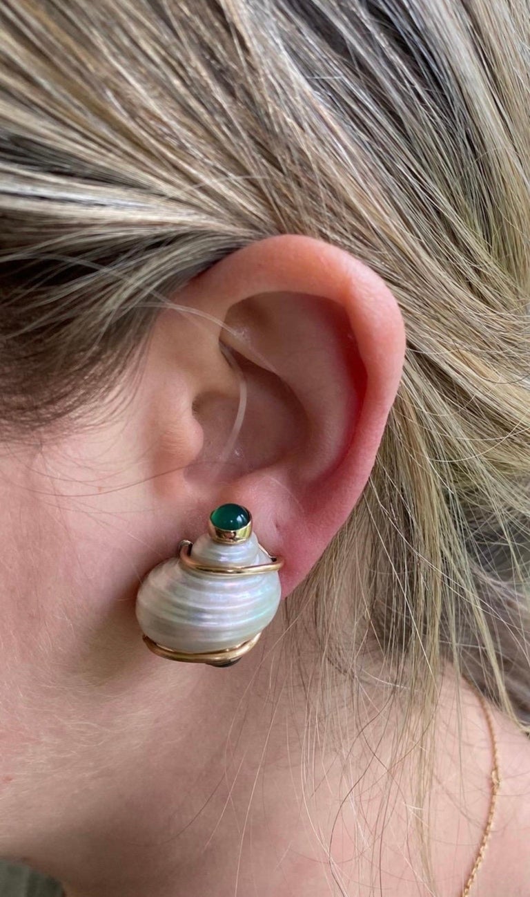Vintage Seaman Schepps Turbo Shell Emerald Sapphire Gold Earring Mother ...