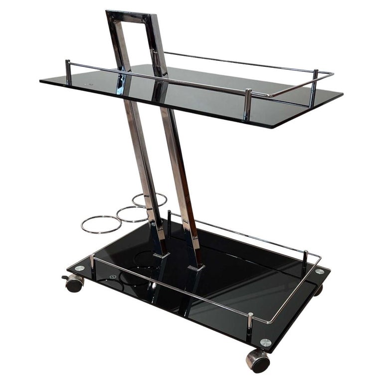 Vintage Serving Trolley or Bar Cart, Black Glass and Chrome, Italy ...
