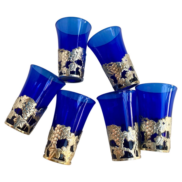 Vintage Set 8 Glasses in Cobalt Blue Glass with Silver Plated Holders ...