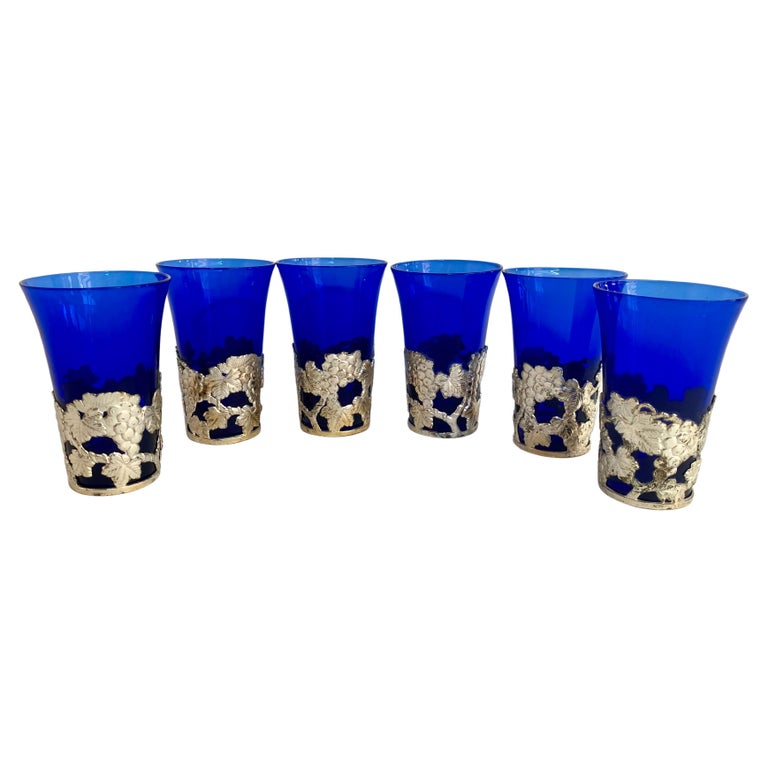 Vintage Set 8 Glasses in Cobalt Blue Glass with Silver Plated Holders ...
