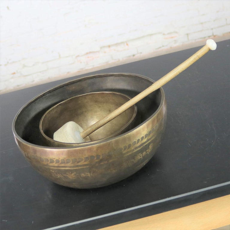 Vintage Set of 2 Bronze Nesting Incised Singing Bowls or Standing Bowls ...
