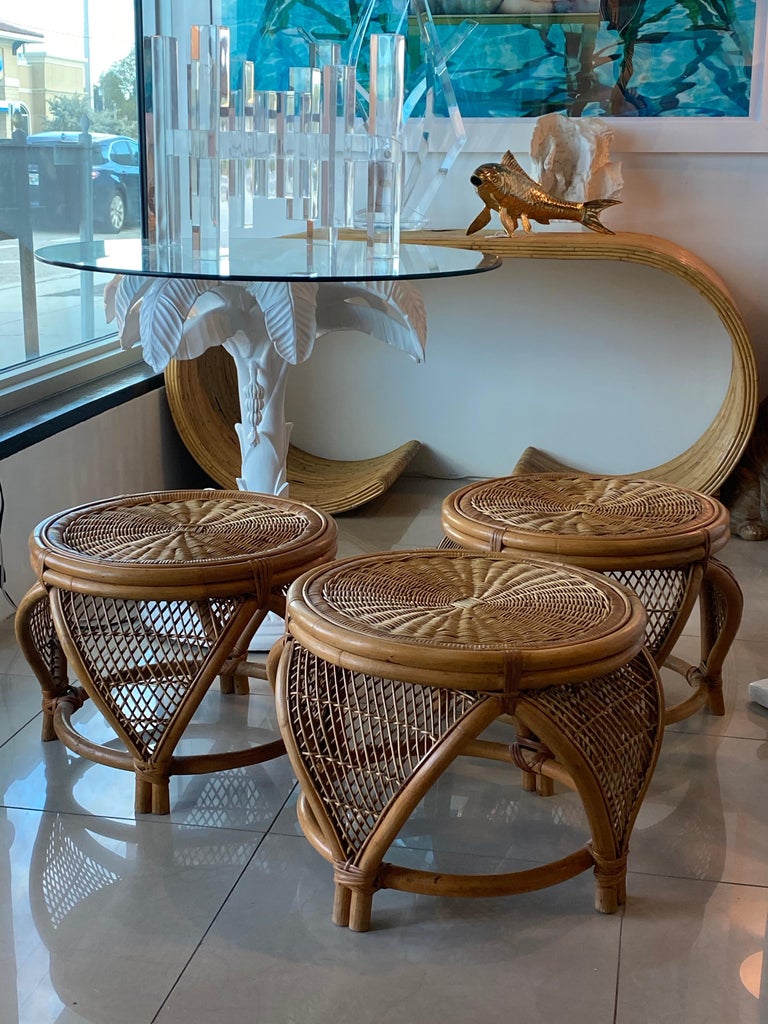 Vintage Set of 3 Rattan and Wicker Moroccan Stools Benches Ottomans ...